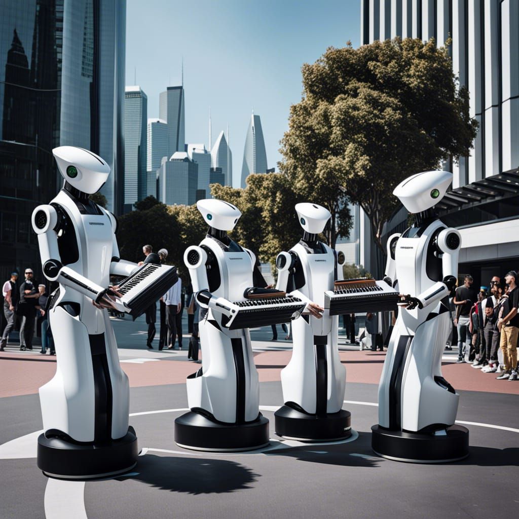 In a futuristic metropolis, a group of robotic street musicians create ...