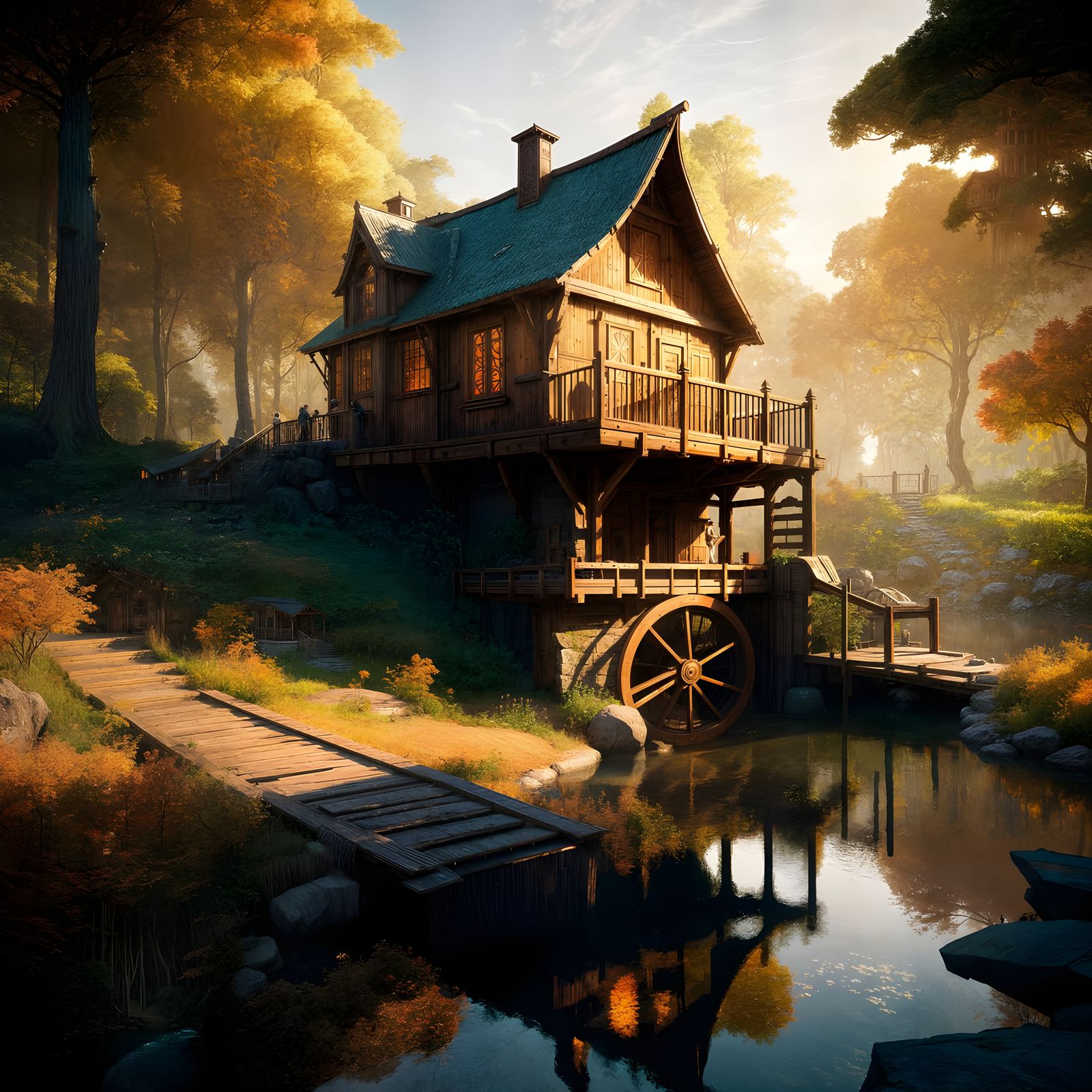 Rustic Waterwheel in Serene Forest Setting - AI Art
