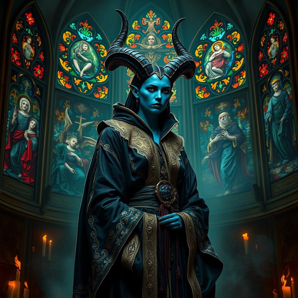 Dark Fantasy Hellborn Priestess in Gothic Chapel - AI Art