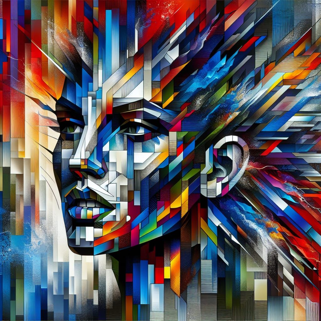 a colorful portrait in Deconstructivism style, characterized by chaotic ...