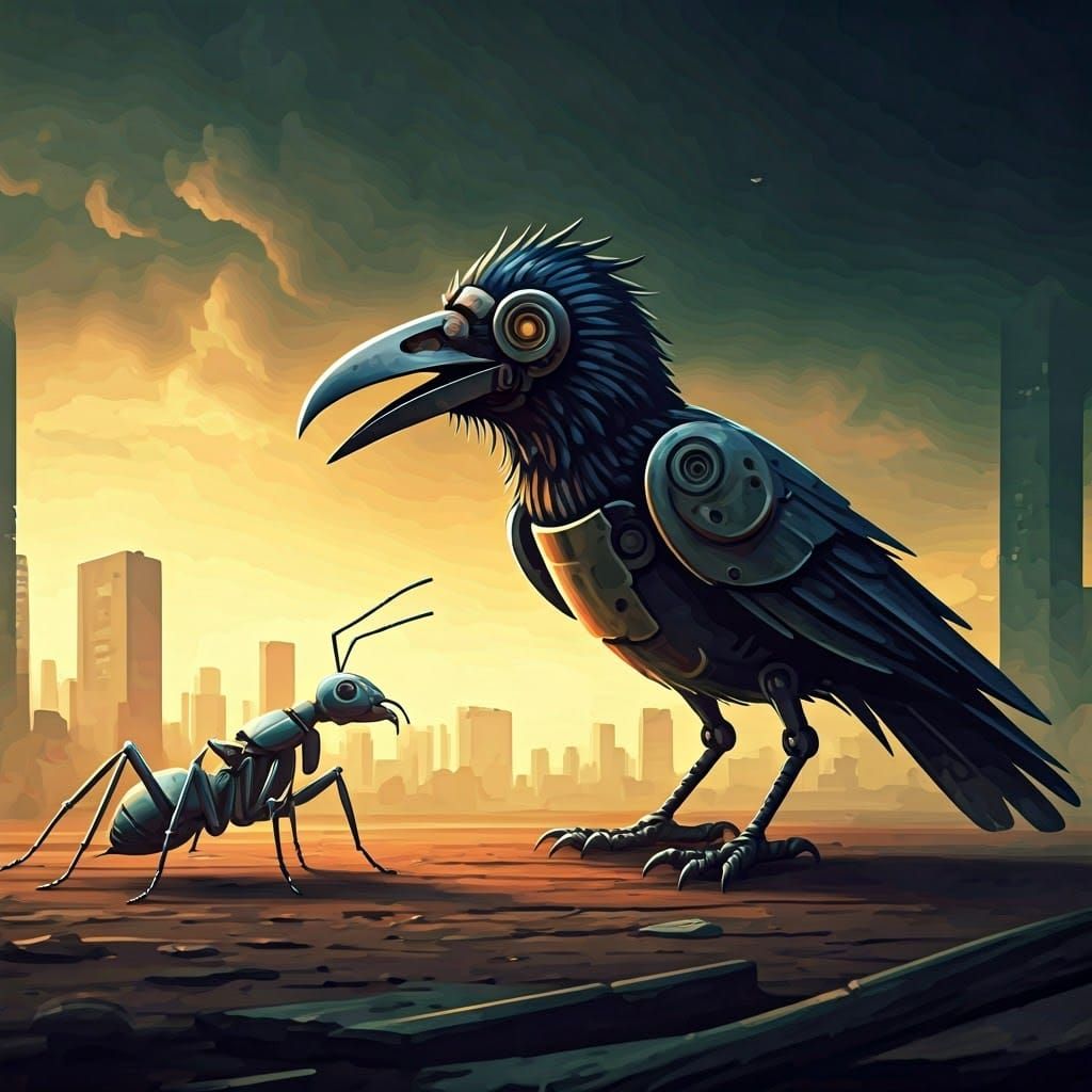 Epic Gouache Masterpiece of a Scrap Crow and Metal... - AI Art