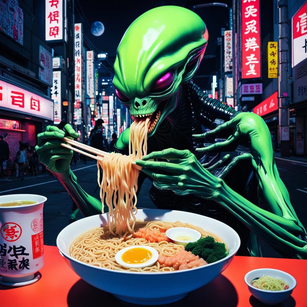 Alien Eating Ramen 5.4 - AI Generated Artwork - NightCafe Creator