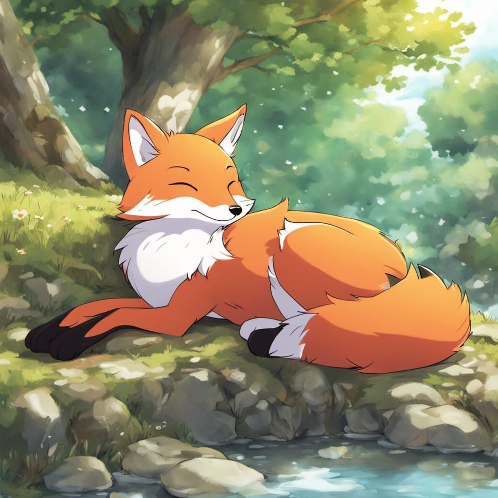 An anime style red fox sleeping under a tree beside a stream - AI ...