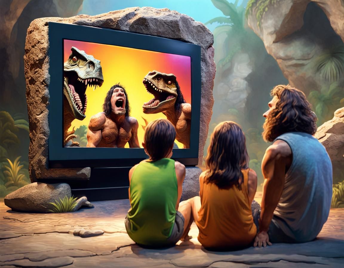 Show A caveman family watching comedy on a stone TV. Show the stone TV ...