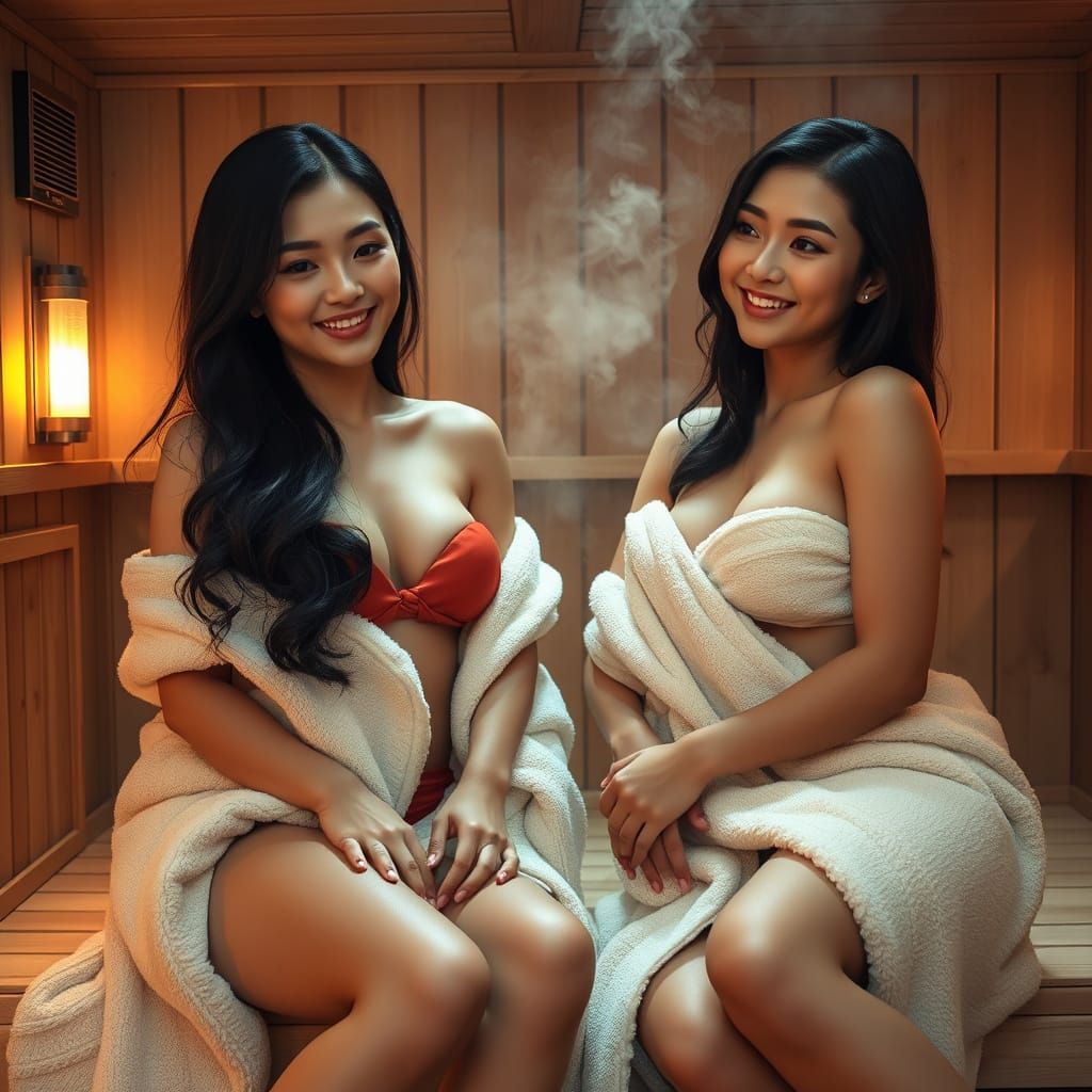 Two Confident Chinese Women Relax in a Cozy Sauna - AI Art