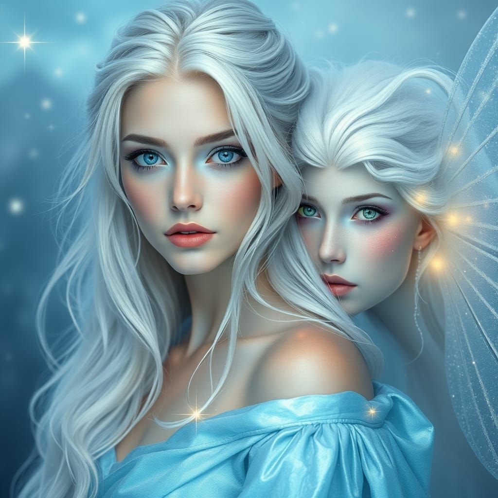 A resplendent Pleiadian woman with sapphire-blue eyes and cascading, luminous white-blonde hair ...