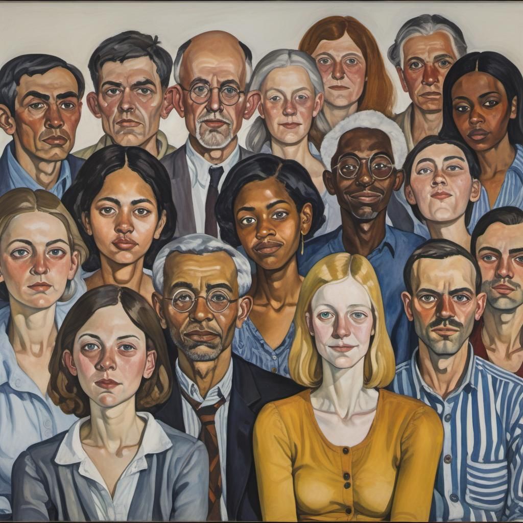 A group portrait in the spirit of Alice Neel, portraying the collective ...