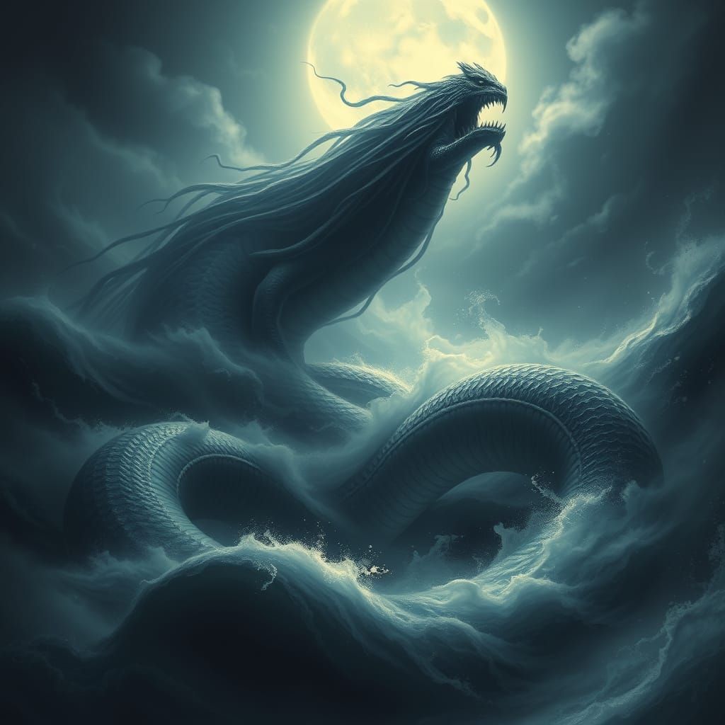 Ethereal Drakaina Rises from Ocean Depths in Moonl... - AI Art