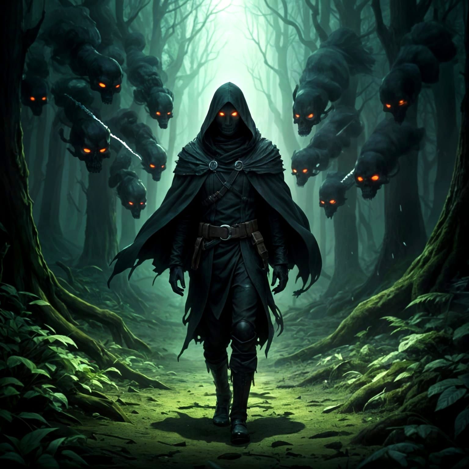 a dark smoking hooded robed man with glowing eyes surrounded by ...