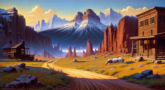 Vibrant Old West Landscape in Neo-Primitivism Styl... - AI Art