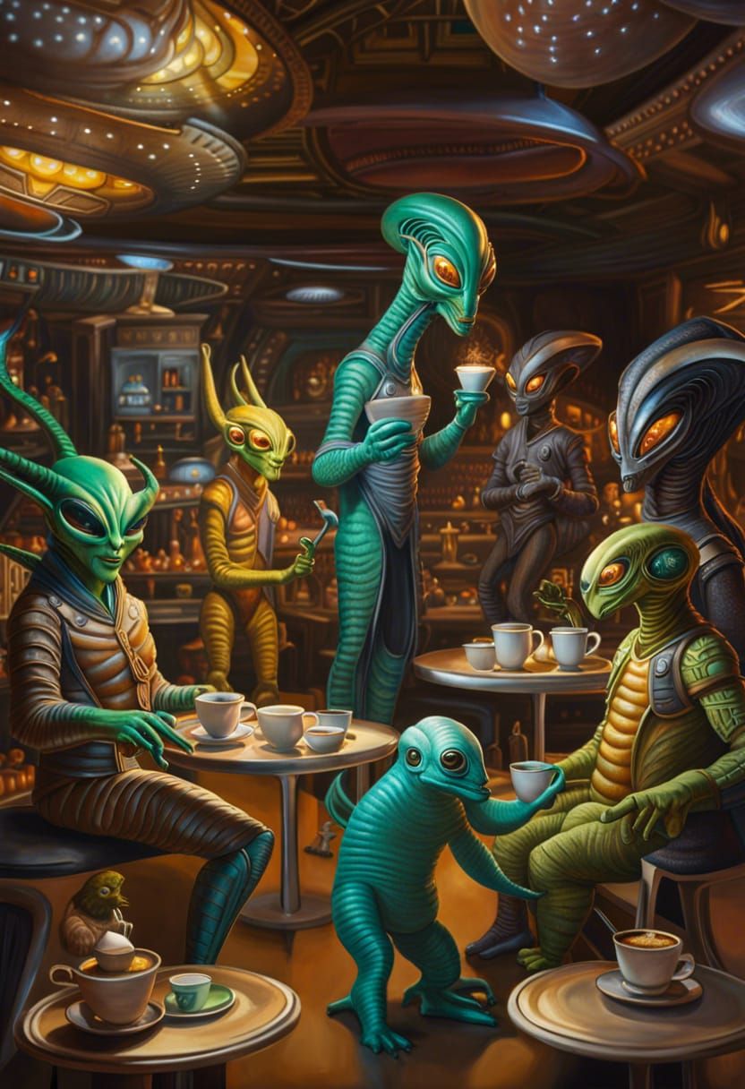Alien creatures from another planet serving coffee to other alien ...