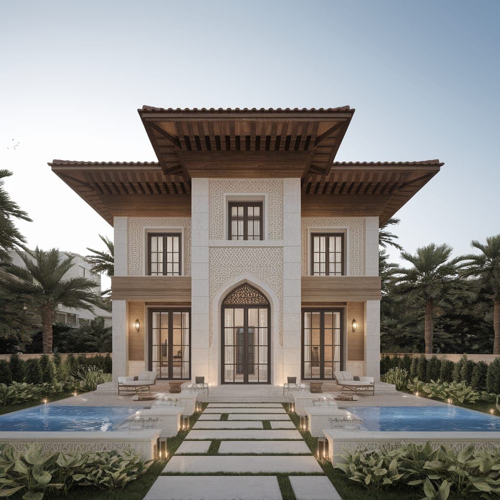 Traditional House in Baghdad with Islamic Style, full elevation, show ...