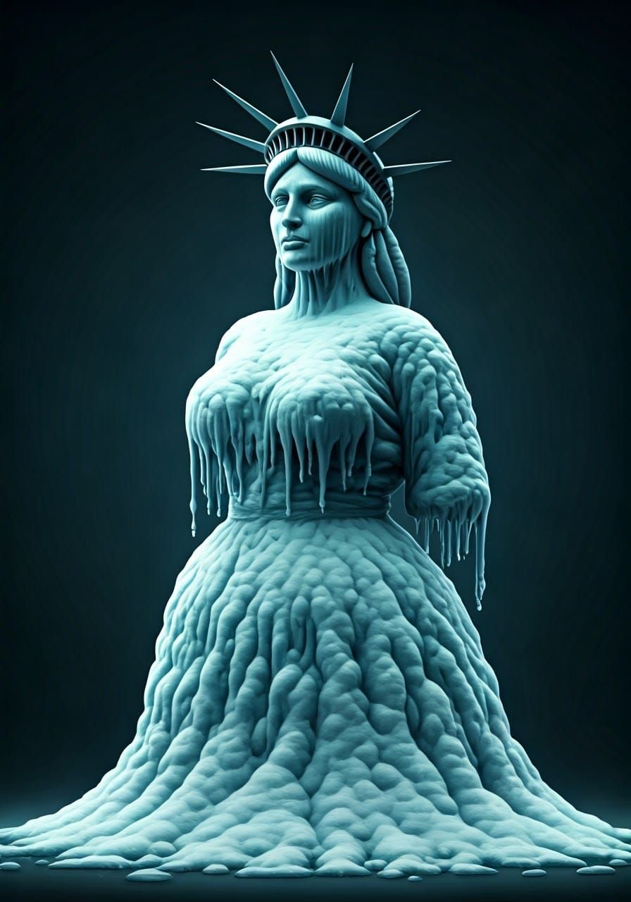 snow woman Liberty is melting - Melting Snow Woman Statue in...