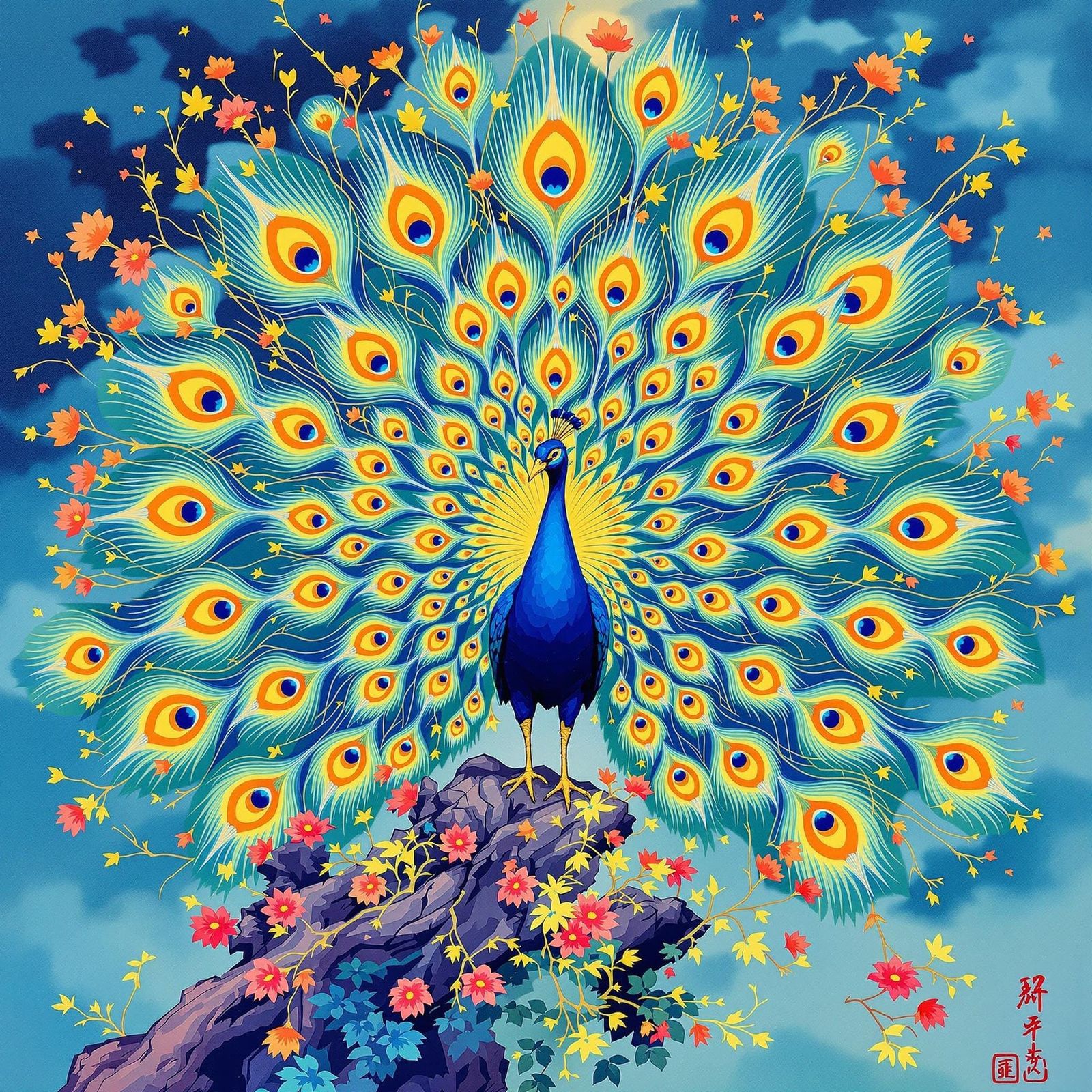 Guohua Peacock - Traditional Chinese Peacock in Vibrant Colo...