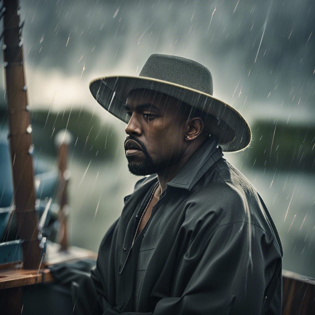 Kanye West wearing a wide brim hat and working on a shrimp boat. A ...