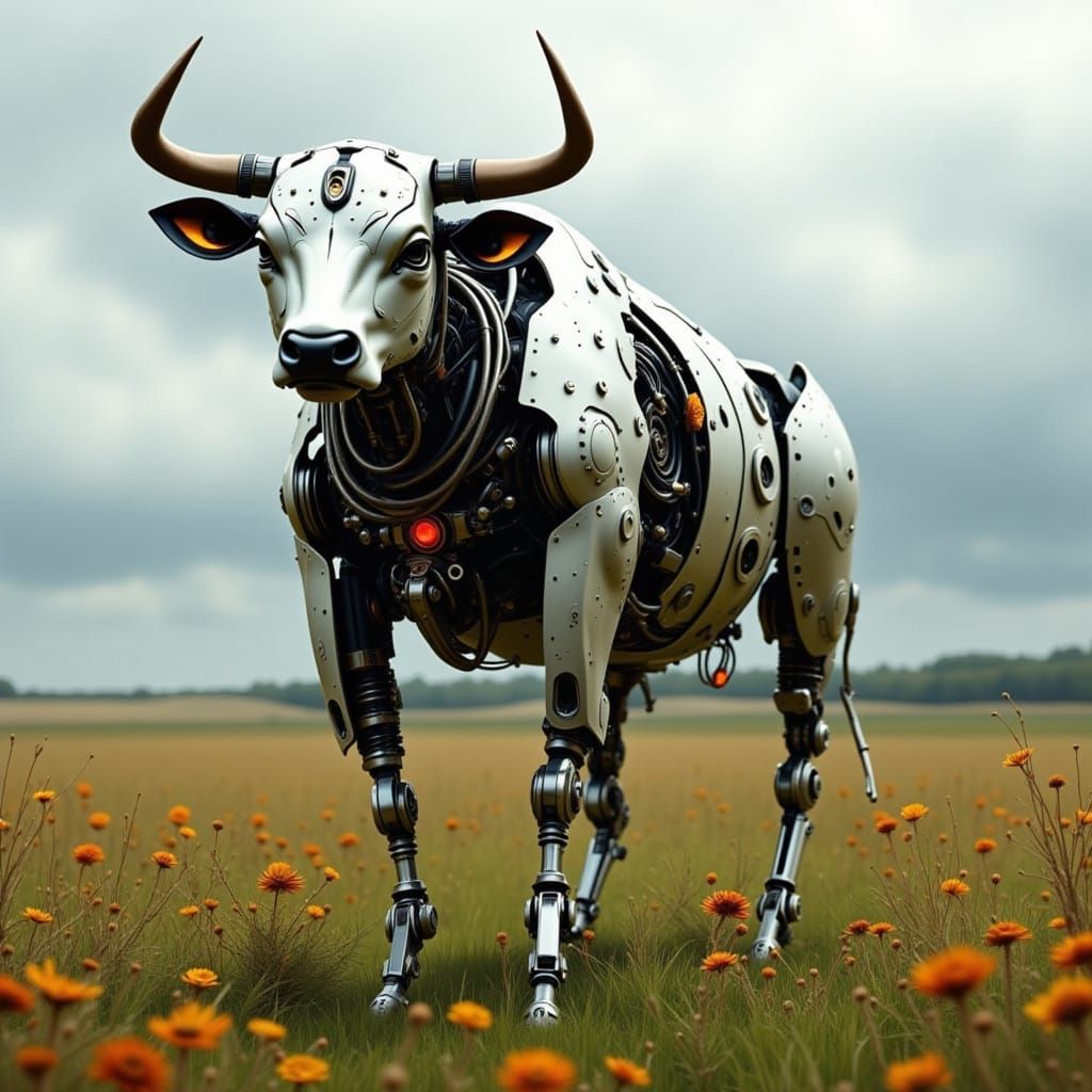 Cyborg Highland Cow Runs Wild on Futuristic Farm - AI Art