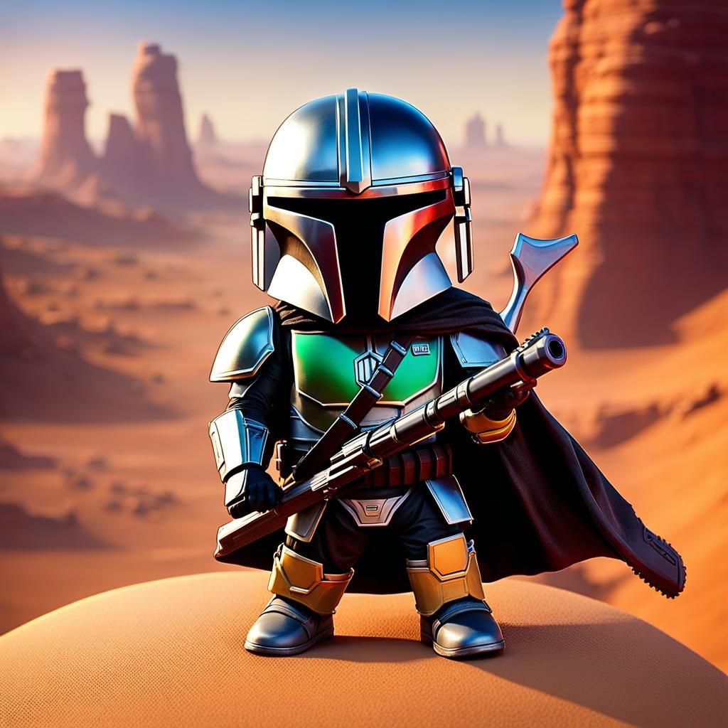 Chibi Mando from The Mandolorian, epic pose on top of desert cliffs ...