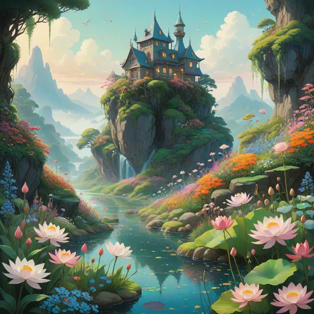 Surreal Floral Utopia Blooms with Crystal Spires a... - AI Art