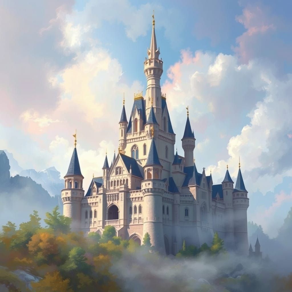 Neuschwanstein - Ethereal Castle in Vibrant Pastels, Surroun...