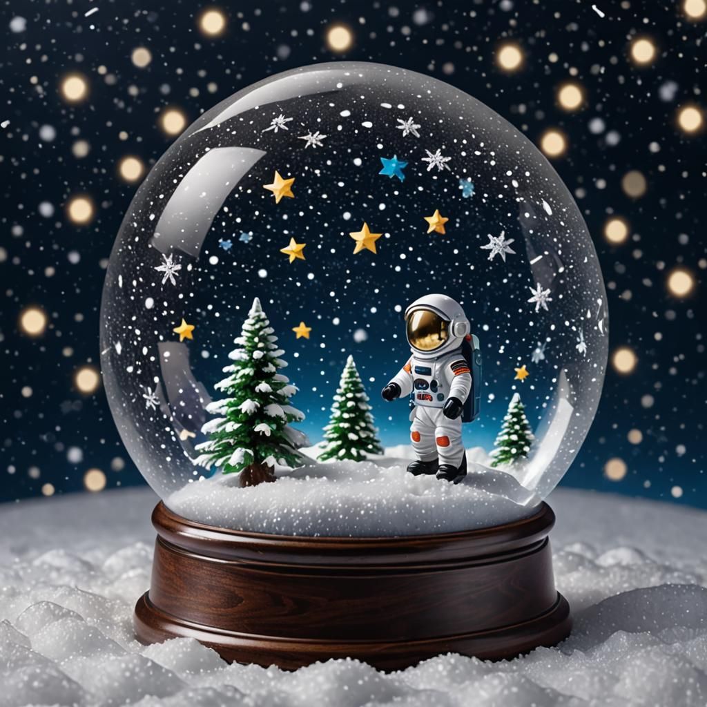 A snow globe depicting a clear starry night, with a small astronaut ...