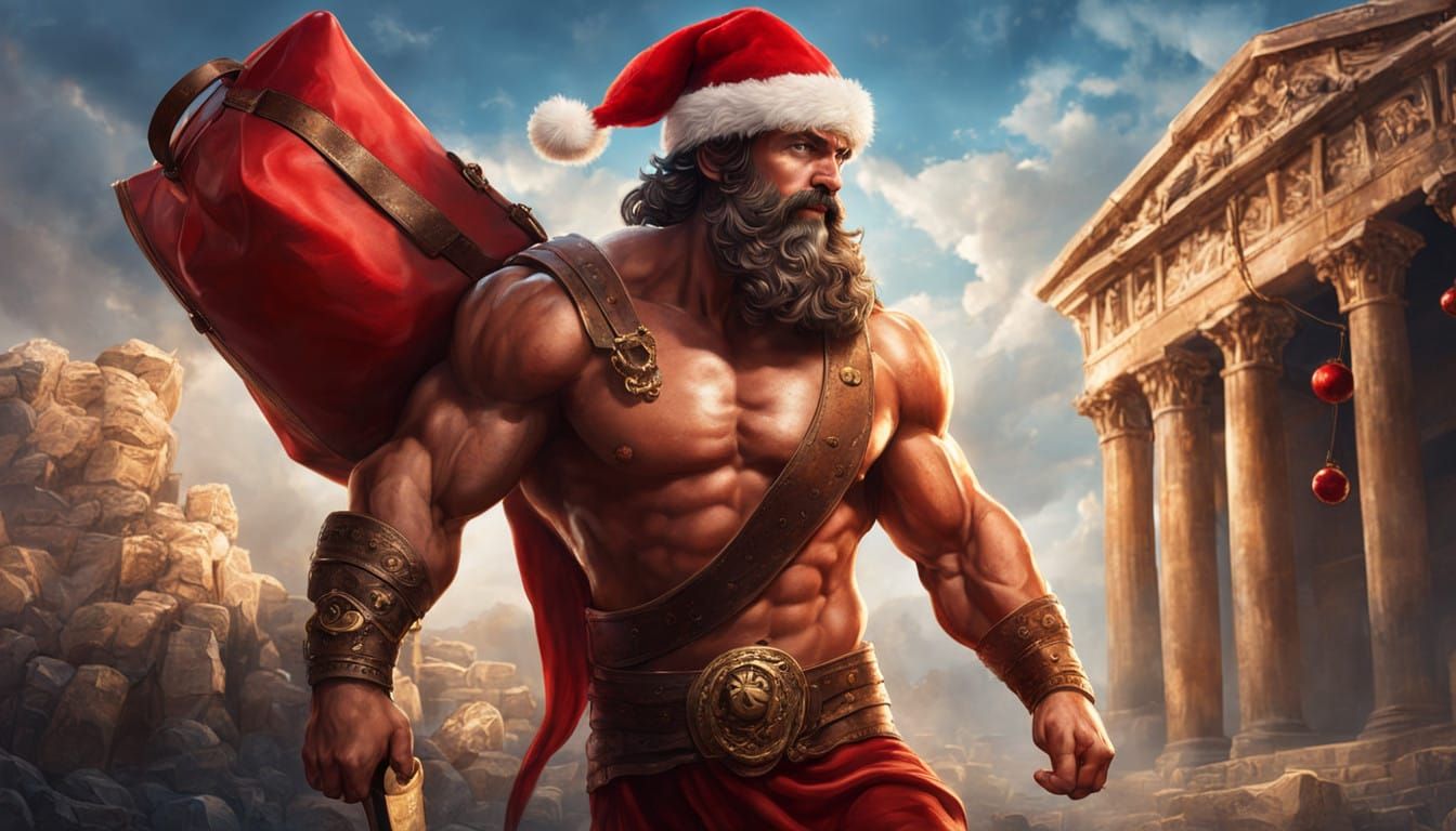 Mythical hero Hercules with brown beard, holding a big red bag and ...