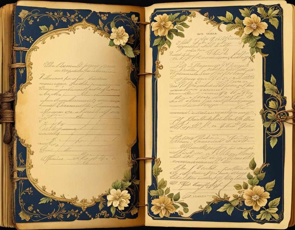 beautiful old open journal, stained deep navy blue vignette paper ...