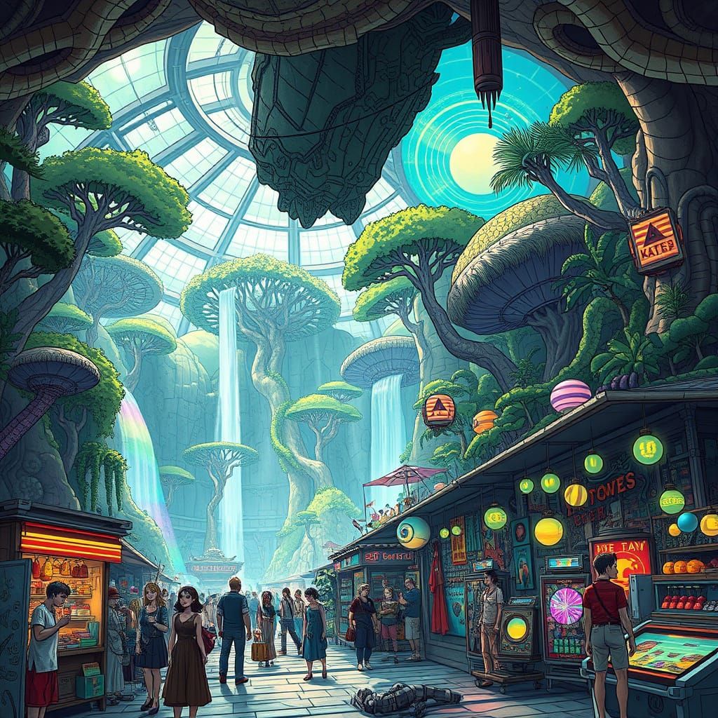 Vibrant Subterranean Biodome Marketplace in Whimsi... - AI Art