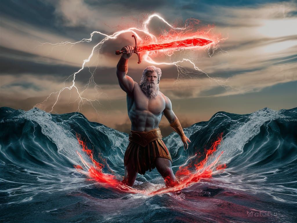 Hercules standing in a rift between the waters, holding aloft a sword ...