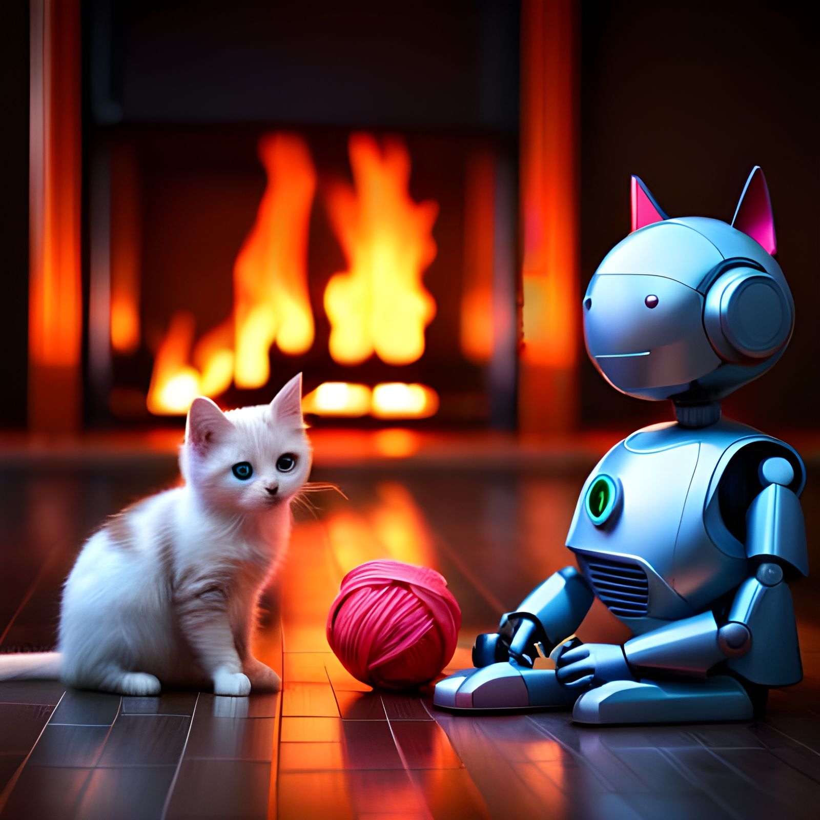 Photorealistic photo of robot kittens playing with a ball of yarn in front of a fireplace ...
