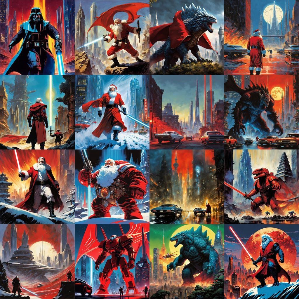 Santa Claus Battles Godzilla with Blazing Lightsab... - AI Art