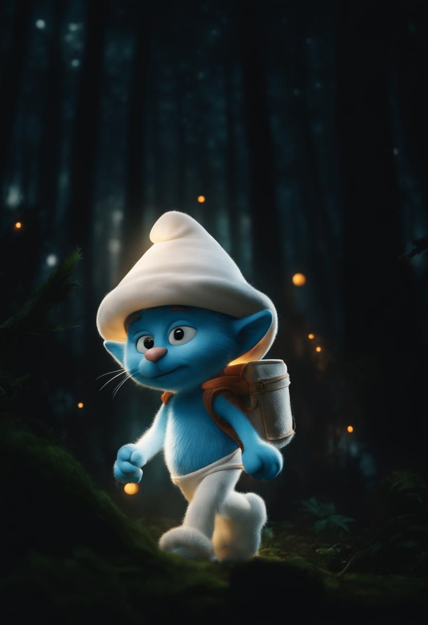A frightened Smurf-cat walking through a spooky forest at night - AI ...