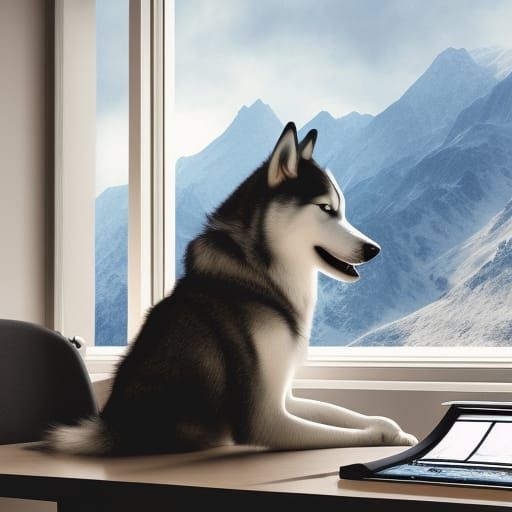 grey and white Siberian husky, sitting at a very beautiful desk and ...