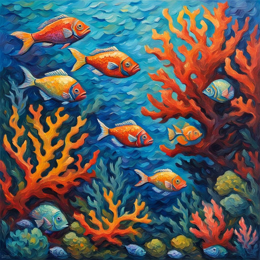 underwater scene of fish swimming through coral neo-impressionism expressionist style oil ...