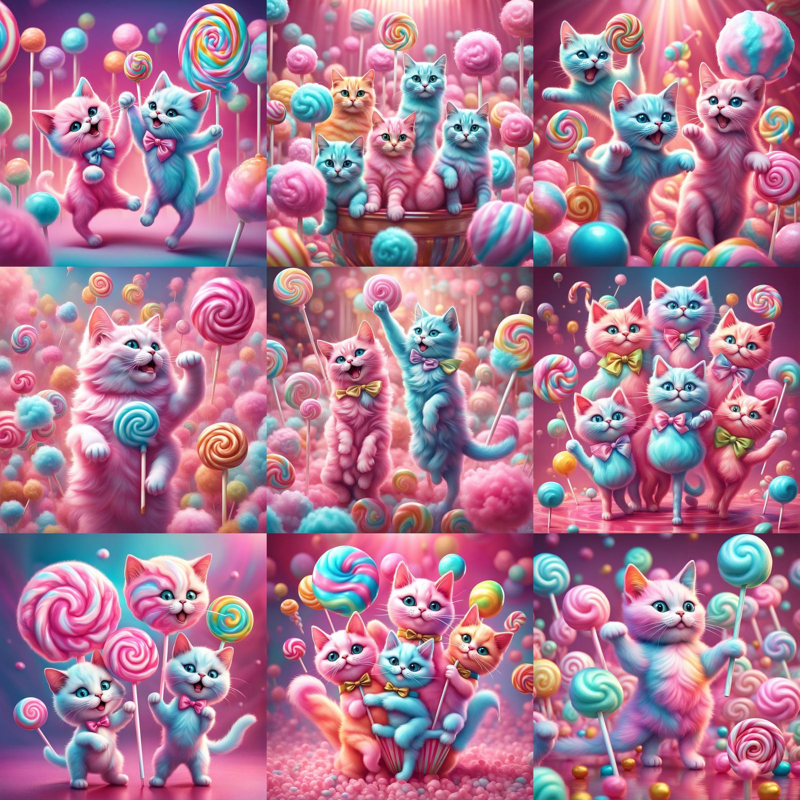 Cute Cotton Candy Cats Dancing Around A Lollipop Art Deco Iridescent