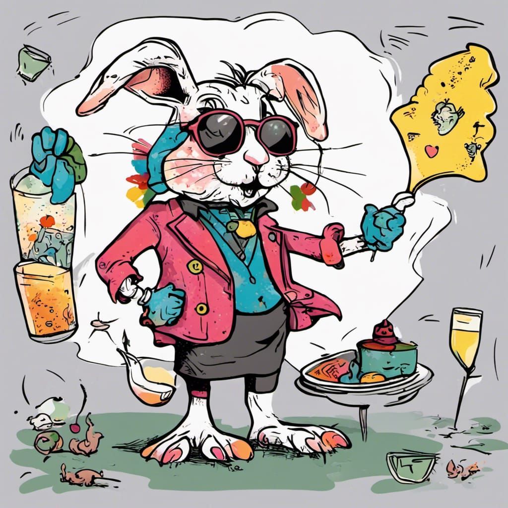 a colorful cartoon female rabbit, wearing a dress, holding a martini ...