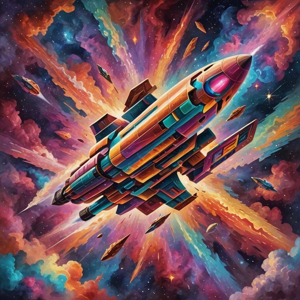 cigar shaped alien spaceship flying through a multi-colored nebula ...