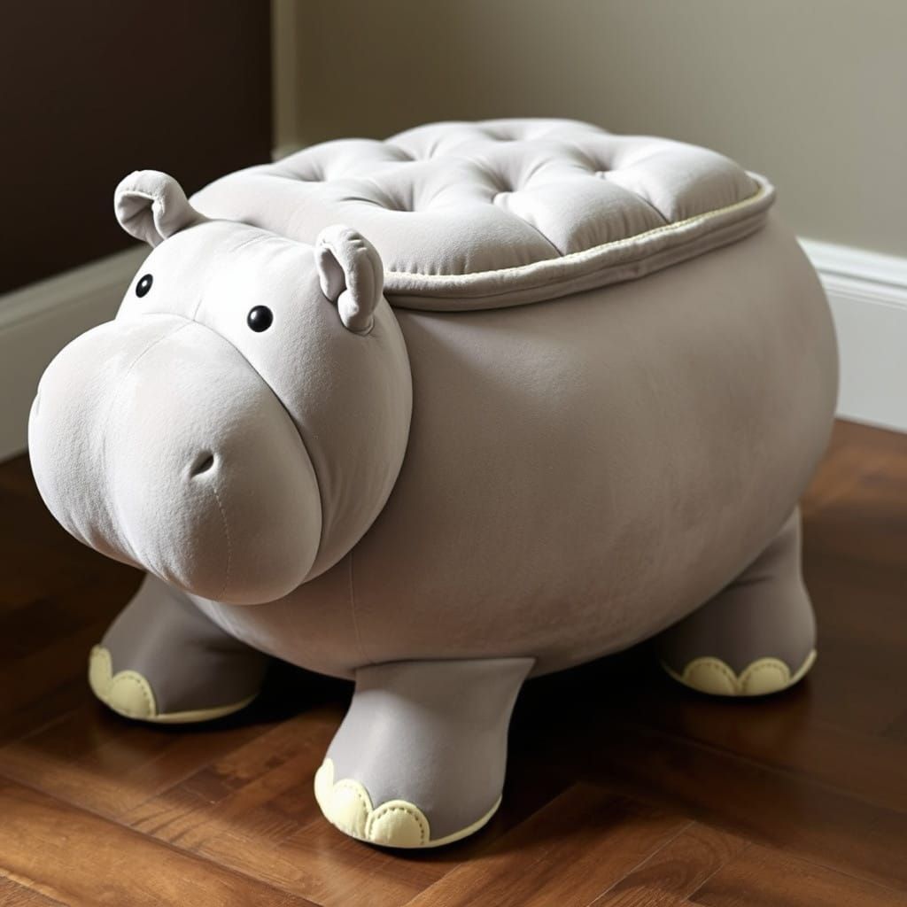Hippopotomon - Whimsical Gray Hippo Ottoman with Vintage Ch...