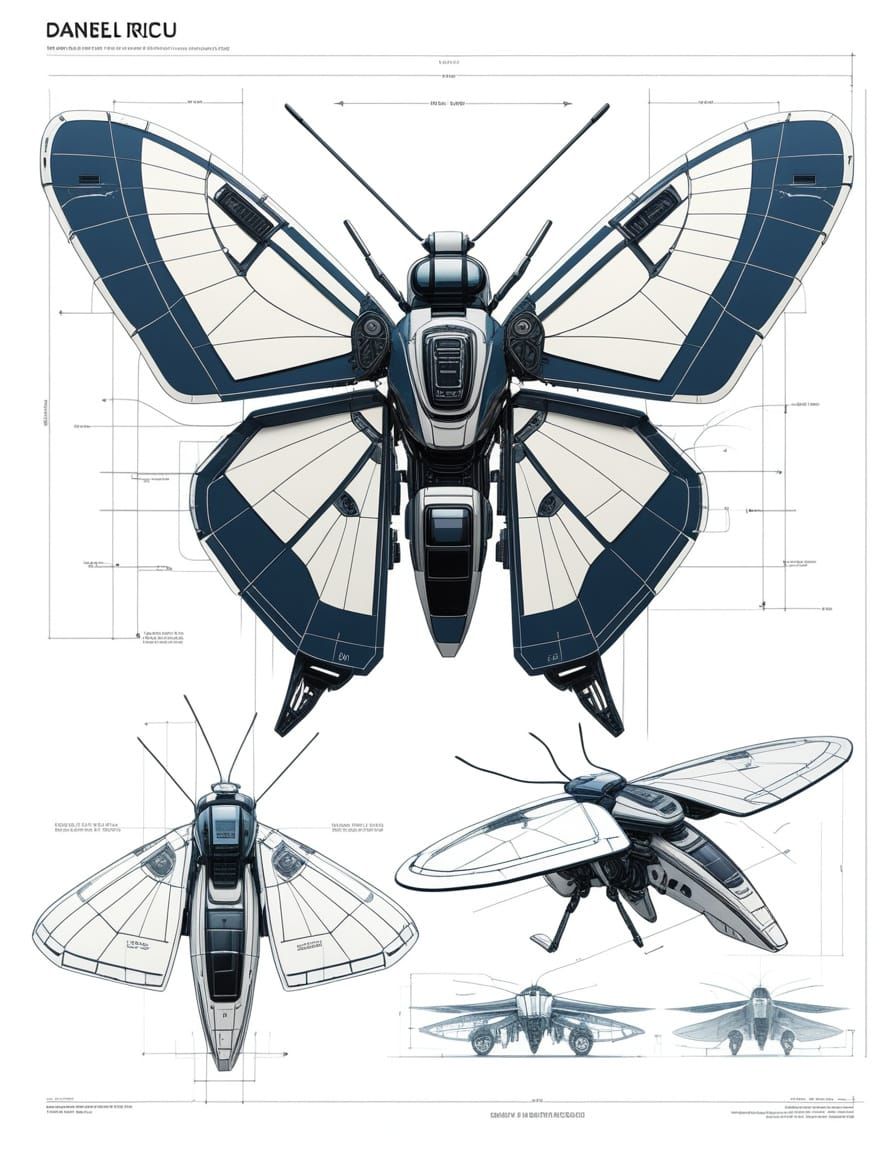 Futuristic Robotic Moth Blueprints in Industrial D... - AI Art