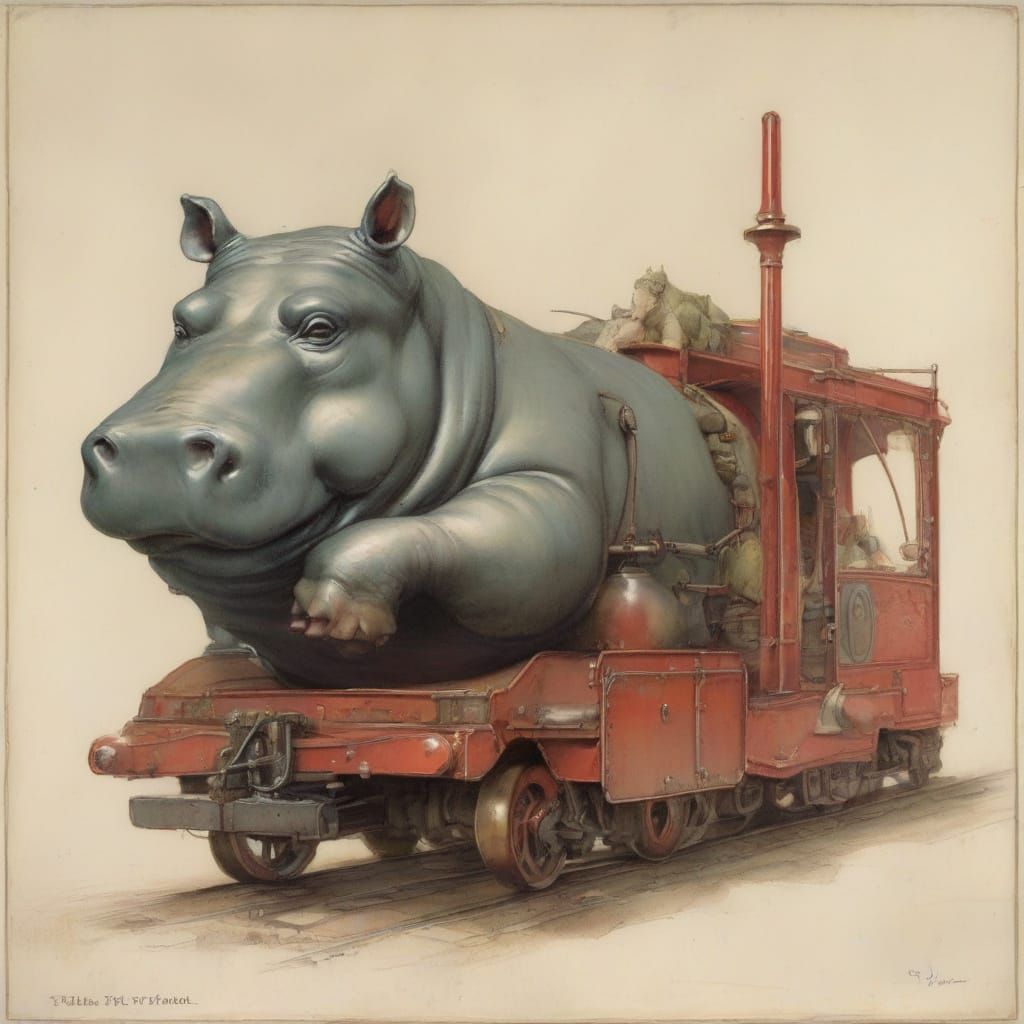 Hippo Train in a Whimsical Artistic Mashup - AI Art