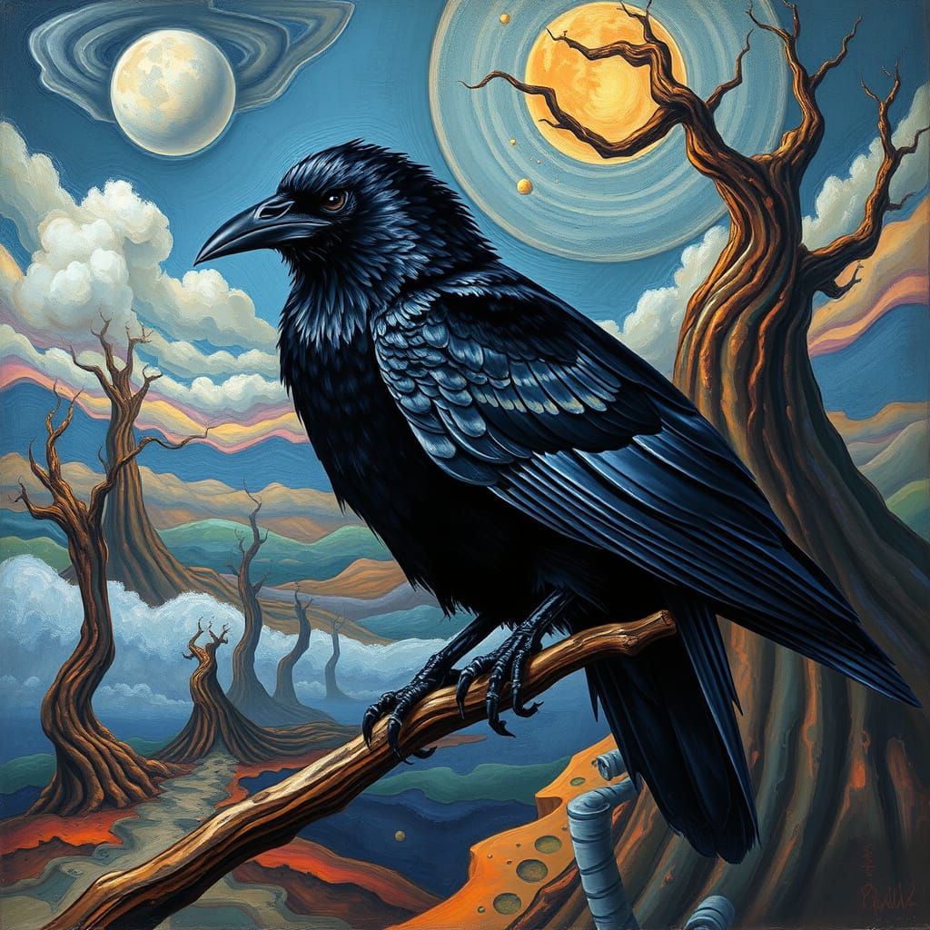 Mystical Crow in Surrealist Landscape - AI Art