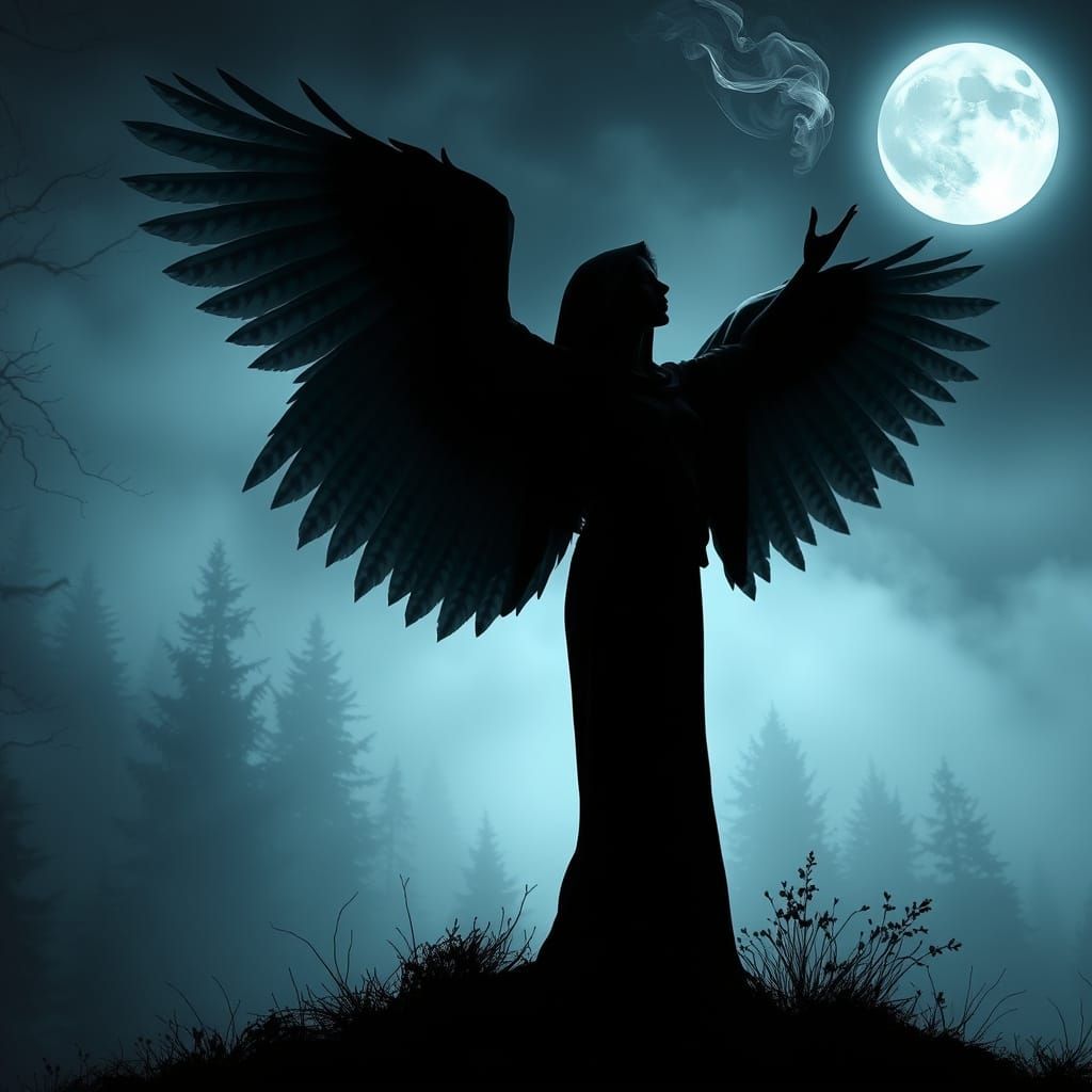 Full Moon Lady Transforms into Owl, Shrouded in Mi... - AI Art