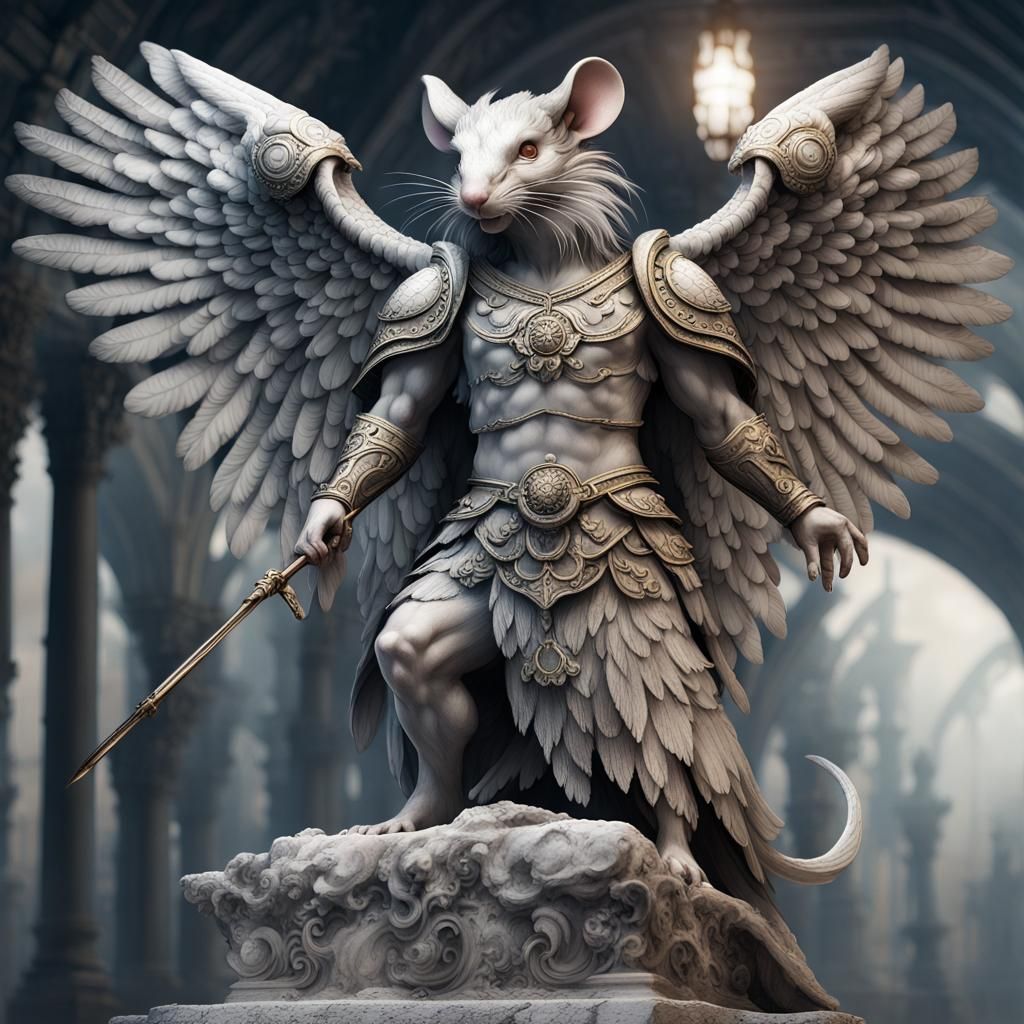marble and stone statue of an angelic anthropomorphic gray warrior rat ...