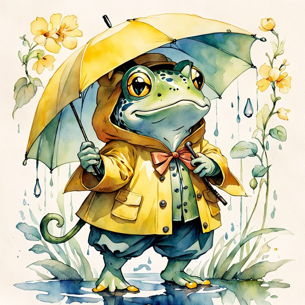 Playful Watercolor Cartoon of a Frog Cub in Yellow... - AI Art