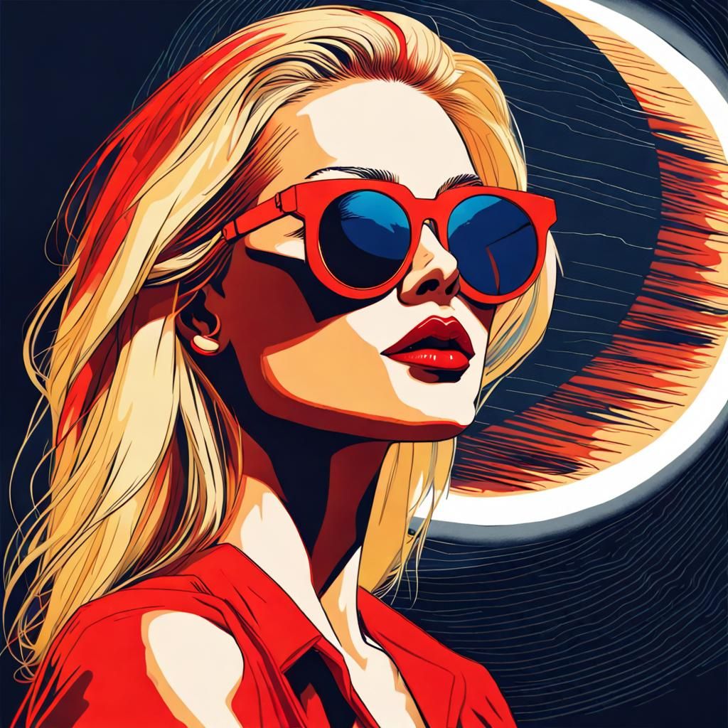 Drawing, beautiful blonde woman looking at a solar eclipse wearing sunglasses, red vermilion ...