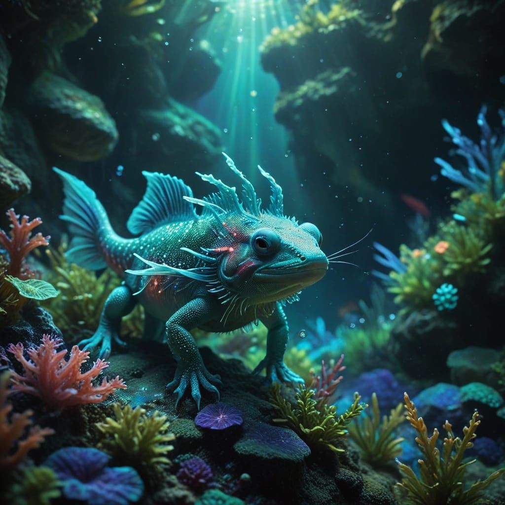axolotl - Surreal Axolotl in Dreamlike Underwater Cave