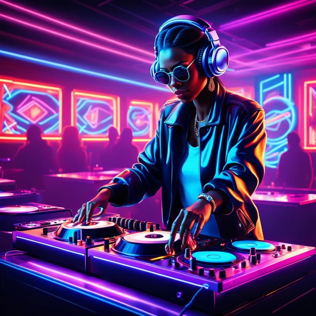 Female dj in a neon lights nightclub - AI Generated Artwork - NightCafe ...