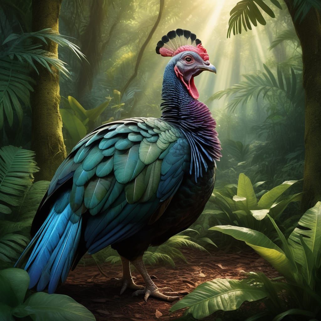 Yucatan ocellated turkey male in full display surrounded by four females