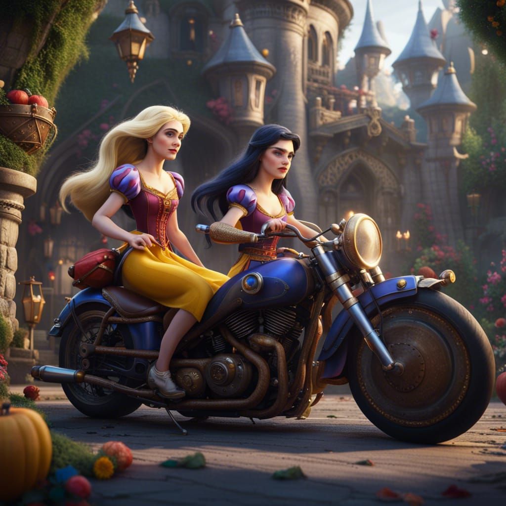 Princesses Rapunzel and Snow White in a motorcycle - AI Generated ...