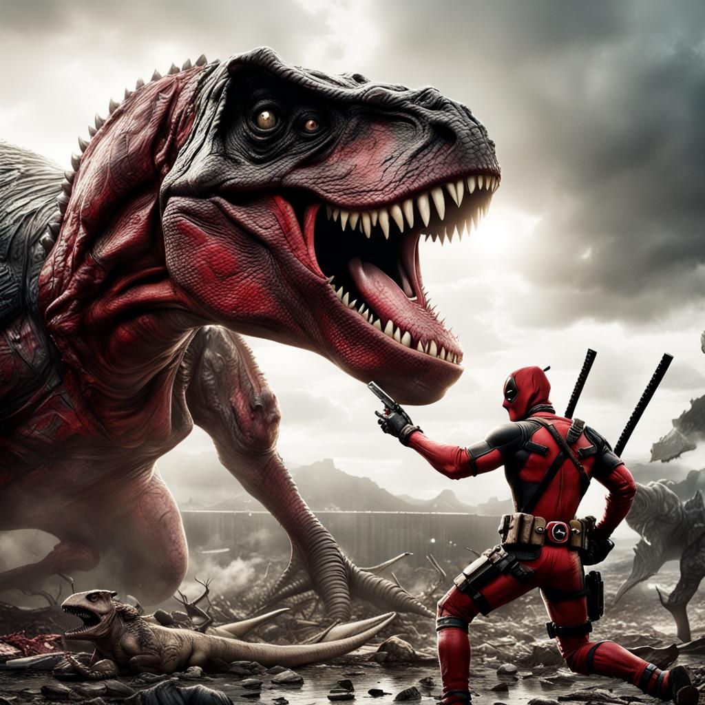 Deadpool kills a dinosaur - AI Generated Artwork - NightCafe Creator