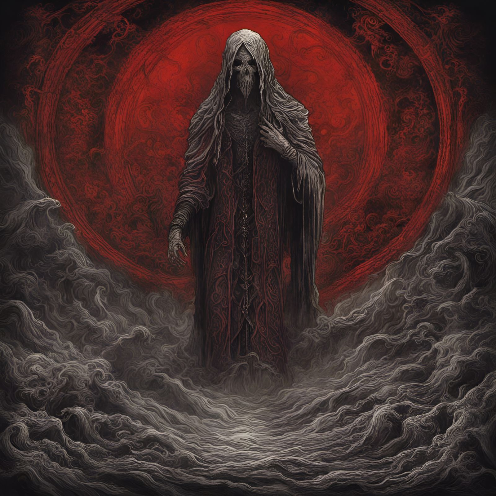 Mystic red fog creepy,celtic patterns necronomicon,black metal style ...